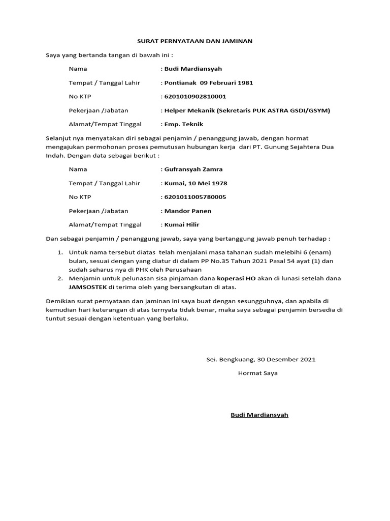 Surat Pernyataan Dan Jaminan | PDF