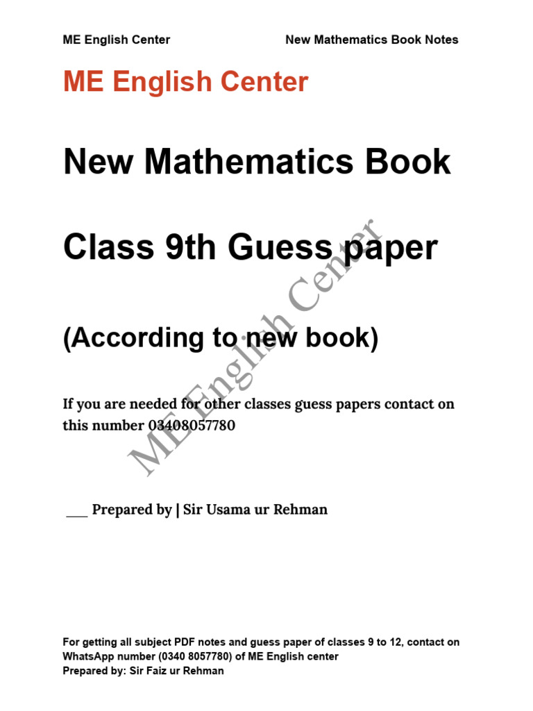 Class 9 Mathematics Guess Paper | PDF | Factorization | Equations