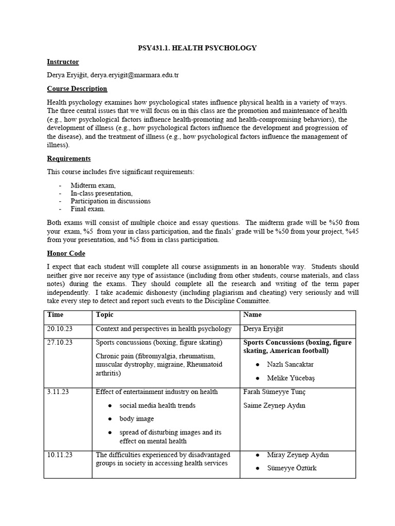 2023 Health Psychology Syllabus | PDF | Health Psychology | Academic ...