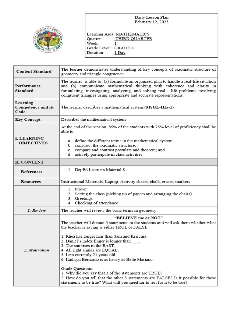 LP Q3 Mathematical System | PDF | Axiom | Theorem