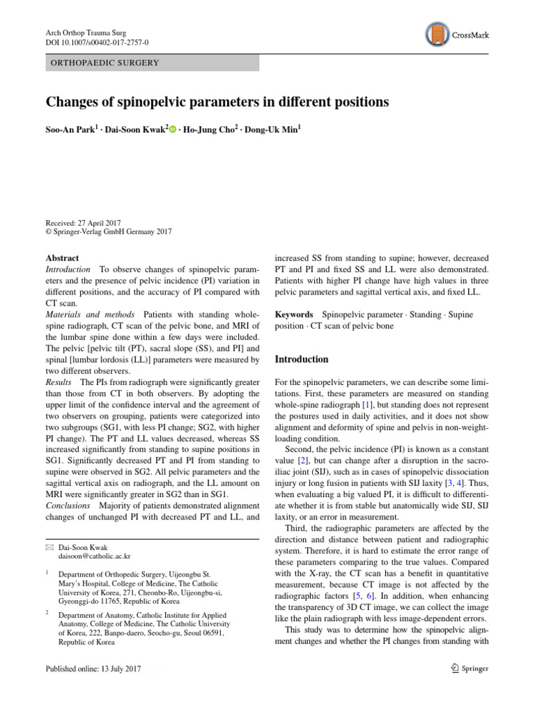 Changes of Spinopelvic Parameters in Different Positions: Soo An Park ...