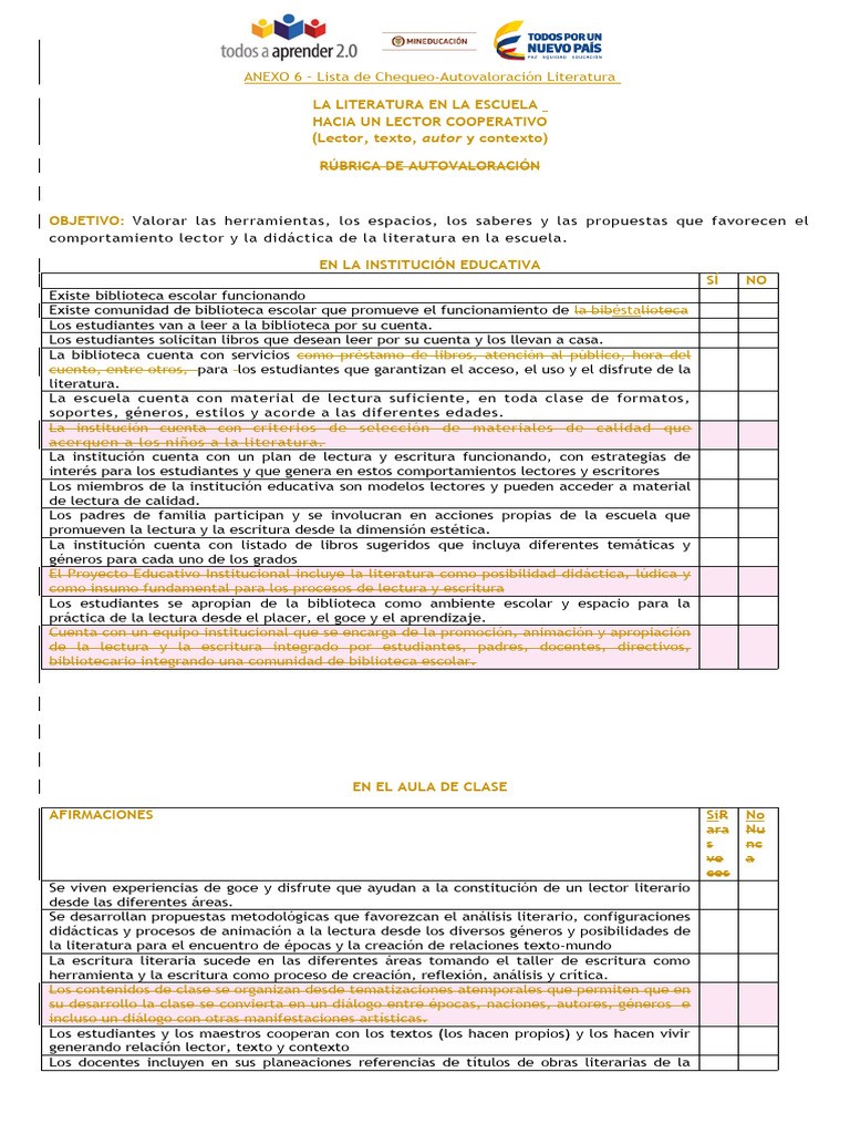 Anexo 6-Lista de Chequeo - Autovaloración Literatura | PDF | Biblioteca escolar | Enseñando