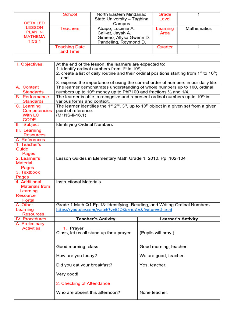 DLP Mathematics Grade 1 - 050439 | PDF | Teachers | Learning