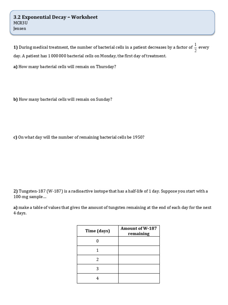 3.2+exponential+decay+worksheet | PDF | Radioactive Decay | Chemistry