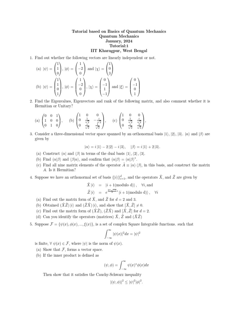 Tutorial1 QM | PDF | Eigenvalues And Eigenvectors | Matrix (Mathematics)