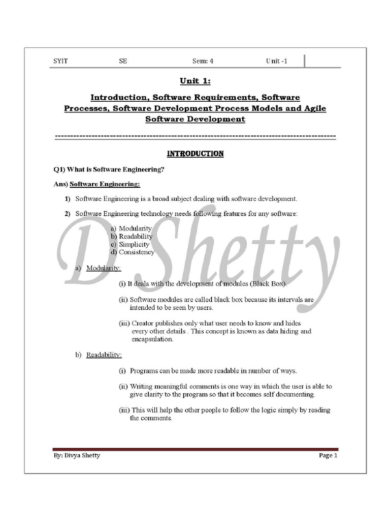 SYIT Software Engineering Unit 1 Introduction, Software Requirements, Process, Models & Agile ...
