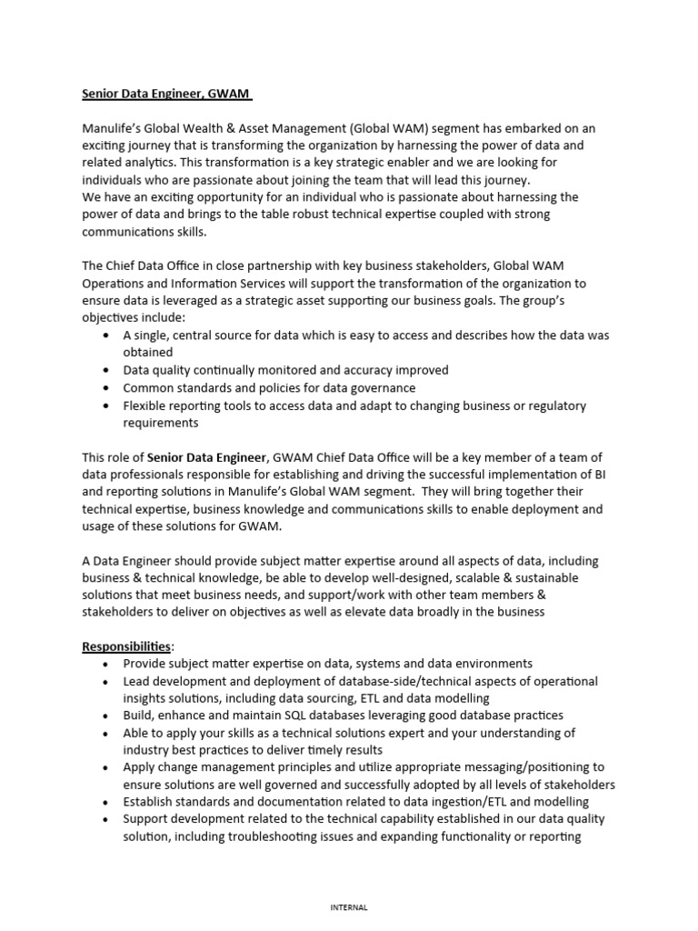 Senior Data Engineer, GWAM - Manulife | PDF | Databases | Data