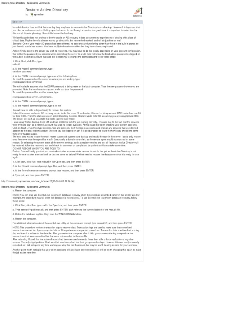 Windows Server Restore Active Directory | Download Free PDF | Computer ...