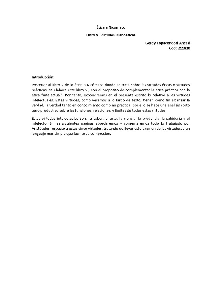 Ética A Nicómaco Libro VI Virtudes Dianoéticas | PDF | Virtud | Aristóteles