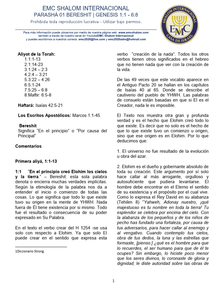 Parashat - 1 Bereshit PDF | PDF | Libro del Génesis | Tetragrammaton