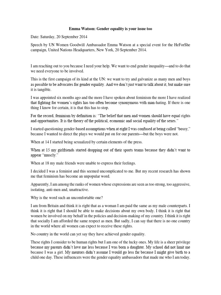 Emma Watson Speech Propaganda | PDF | Gender Studies | Feminism