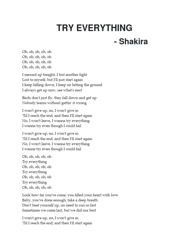 Shakira's "Try Everything" Lyrics | PDF | Self-Improvement | Poetry