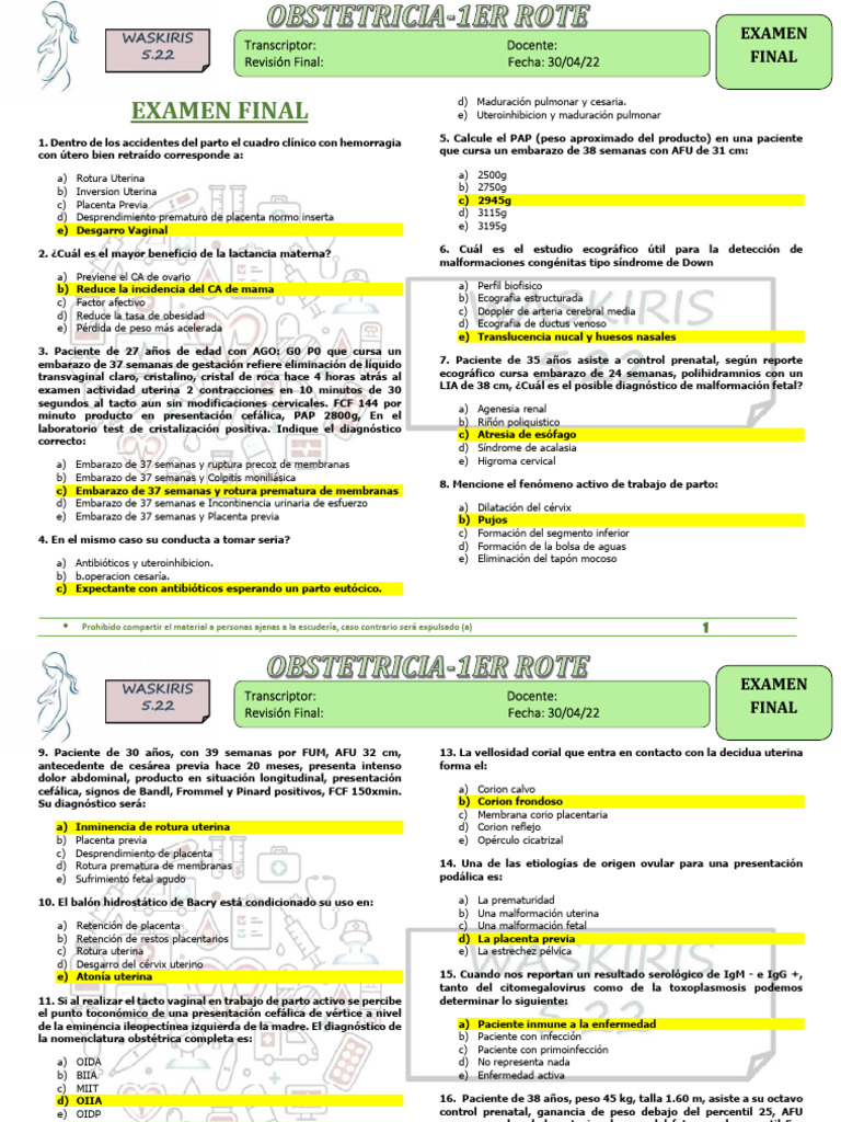 OBS-EXAMEN FINAL-1ER ROTE | PDF | Parto | El embarazo