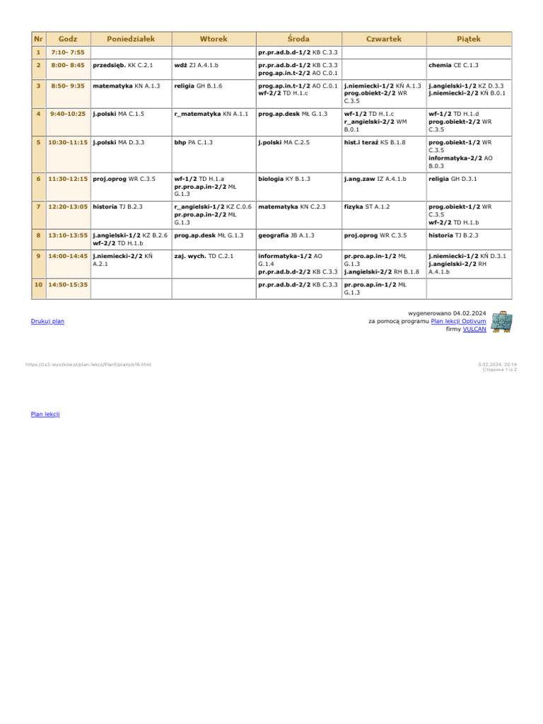 Plan Lekcji Oddziału - 2TP | PDF