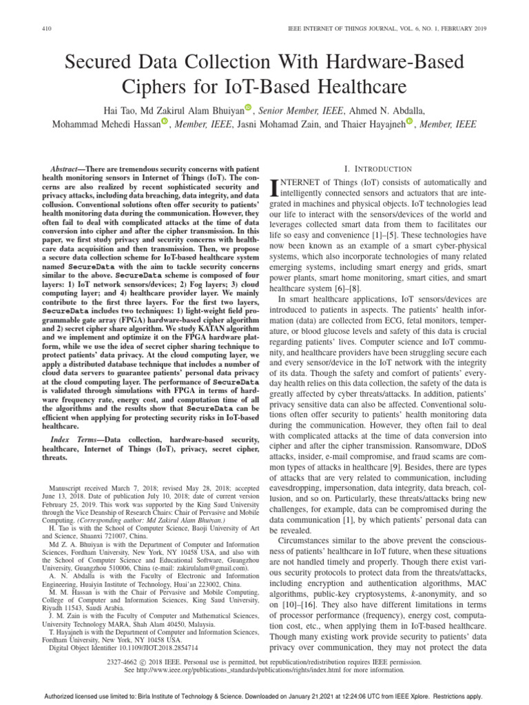 IEEE - 2019 - Secured Data Collection With Hardware-Based Ciphers for IoT-Based Healthcare | PDF ...
