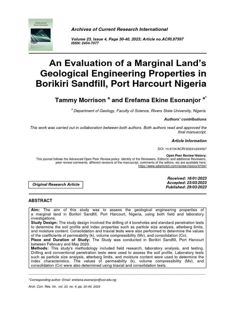 An Evaluation of A Marginal Land's Geological Engineering Properties in Borikiri Sandfill, Port ...