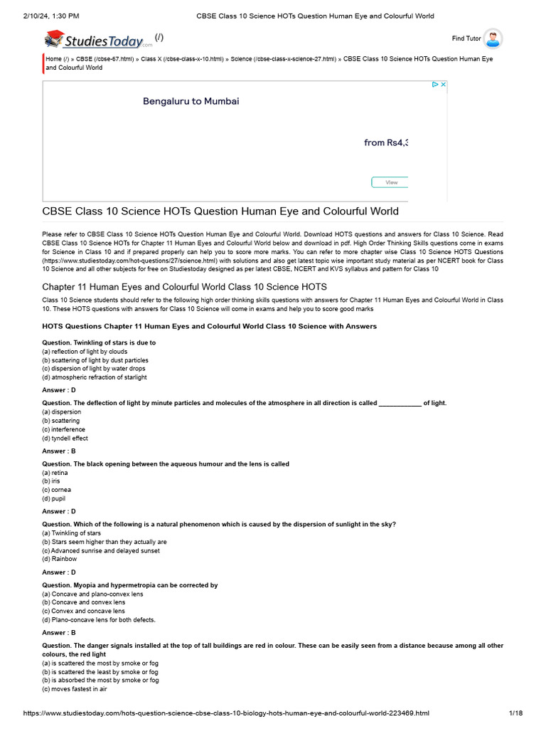 CBSE Class 10 Science HOTs Question Human Eye and Colourful World | PDF ...