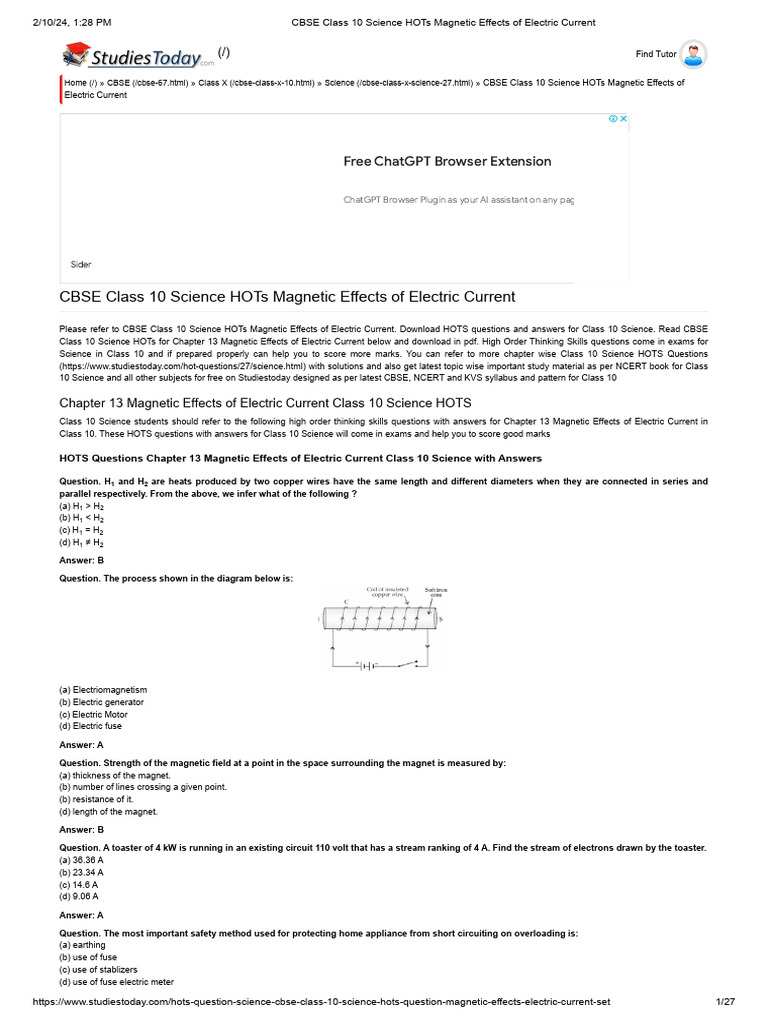 CBSE Class 10 Science HOTs Magnetic Effects of Electric Current | PDF ... CBSE Class 10 Science HOTs Magnetic Effects of Electric Current | PDF ...