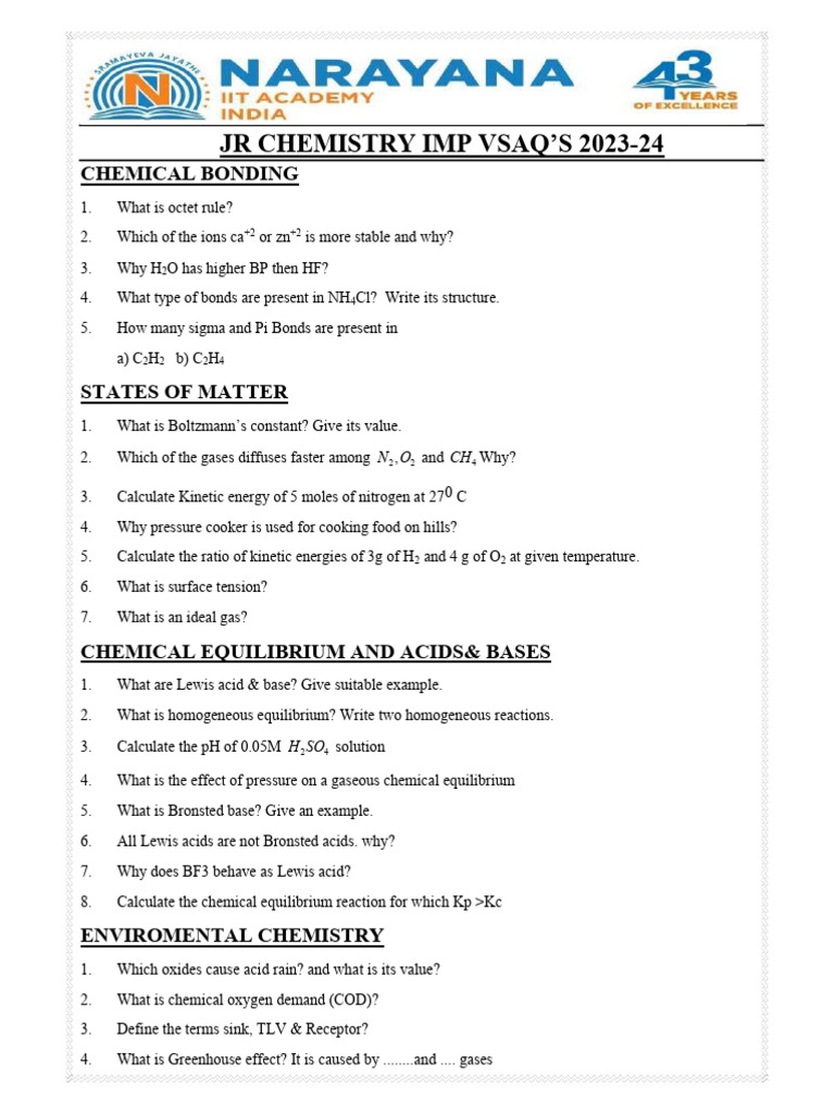 JR Chemistry Imp Vsaq 2023-24 | PDF | Chemistry | Acid