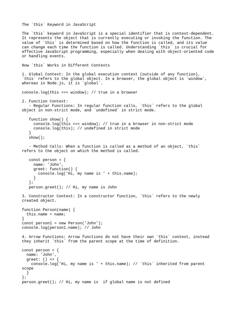 The This Keyword in JavaScript | Download Free PDF | Java Script | Scope (Computer Science)