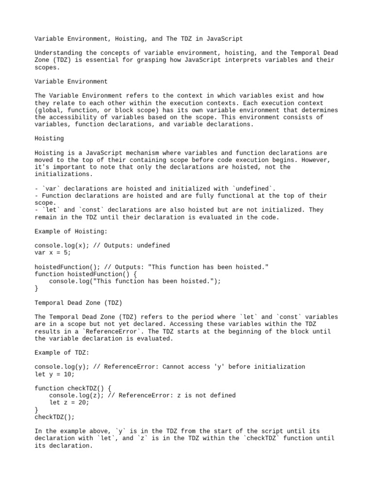 Variable Environment Hoisting and TDZ in JavaScript | PDF | Scope (Computer Science) | Variable ...