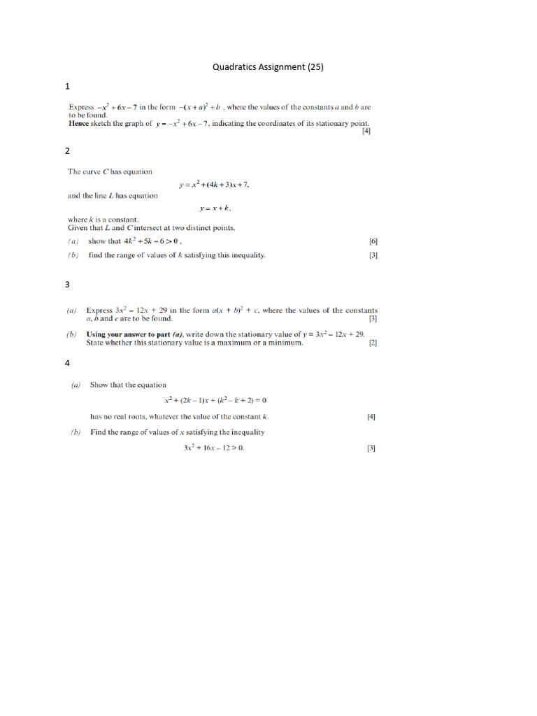 Quadratics Self Study Assignment | PDF Quadratics Self Study Assignment | PDF