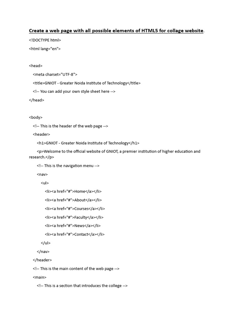 Create a web page with all possible elements of HTML5 for collage website | PDF | Bachelor's ...