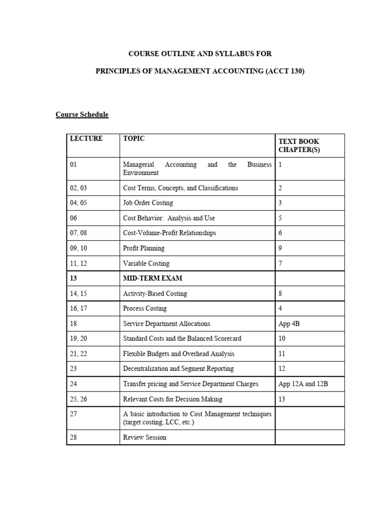 Management Accounting Course Syllabus | PDF | Return On Investment ...