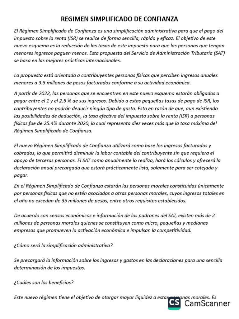 Regimen Simplificado de Confianza | PDF | Impuesto sobre la renta | Impuestos