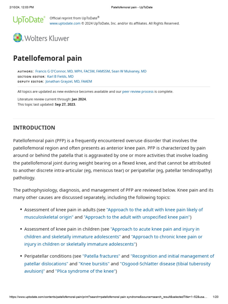 Patellofemoral Pain - UpToDate | PDF | Knee | Physical Therapy