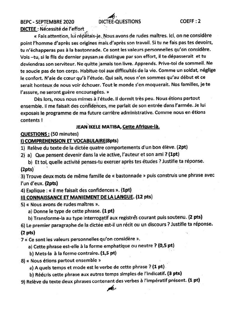 Epreuve Bepc 2020 Dictee Questions Togo | PDF Epreuve Bepc 2020 Dictee Questions Togo | PDF