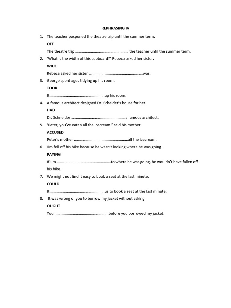 English Sentence Rephrasing Exercise | PDF