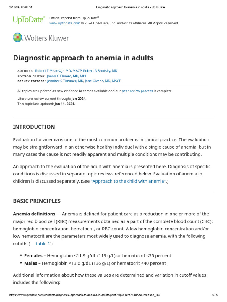 Diagnostic Approach To Anemia in Adults - UpToDate | PDF | Anemia | Red ...