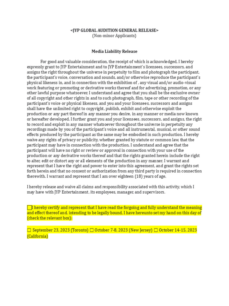 JYP Audition Media Release Form | PDF | Derivative Work | Information