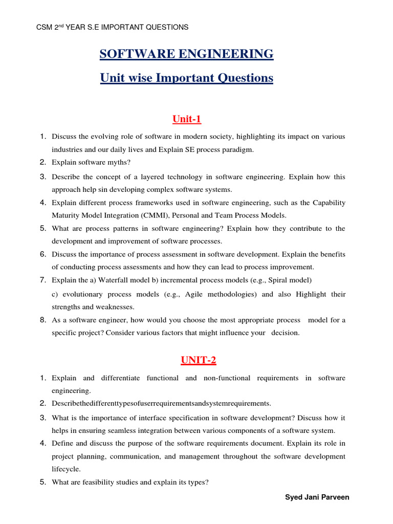 SE Unitwise Imp Questions - New | PDF | Unified Modeling Language | Software Engineering