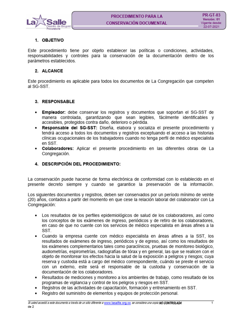 PR-GT-04 PROCEDIMIENTO PARA LA CONSERVACIÓN DOCUMENTAL | PDF
