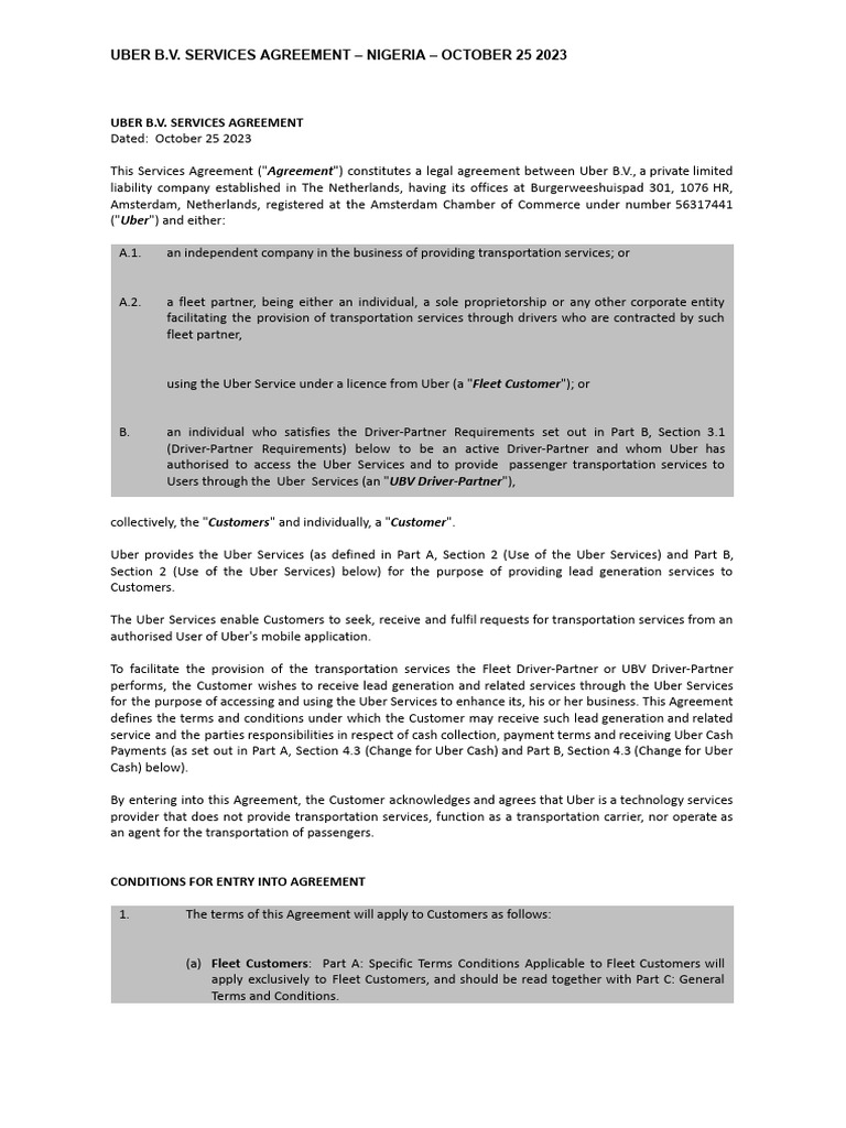 Uber B.V. Services Agreement - Nigeria - October 25 2023 | PDF | License | Taxes