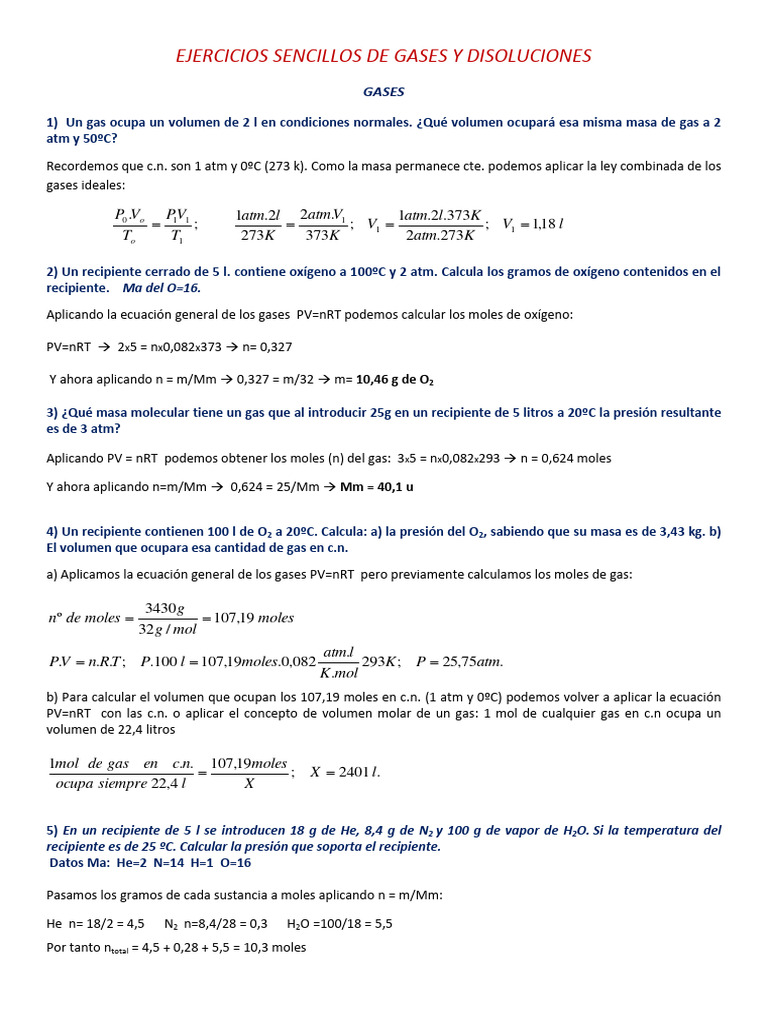 Ejercicios Gases y Disoluciones | PDF | Gases | Mole (Unidad)