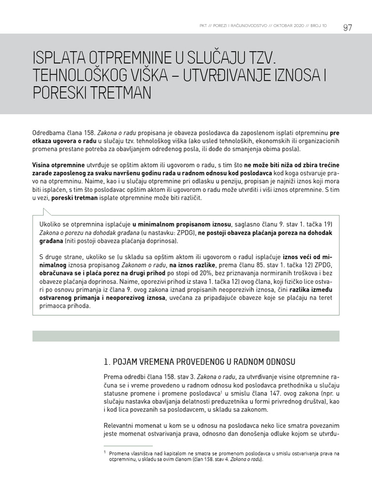 Isplata Otpremnine U Slucaju TZV Tehnoloskog Viska Utvrdjivanje Iznosa ...