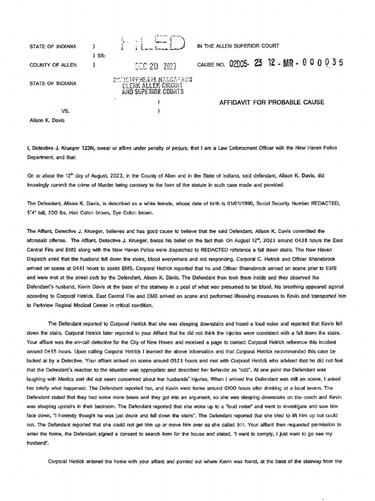 2023 12 20 - Probable Cause Affidavit - Alison Davis - in PDF | PDF | Witness | Arrest Warrant