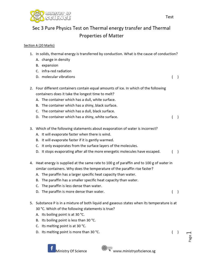 Sec 3 Pure Physics Test On Thermal Energy Transfer and Thermal ...