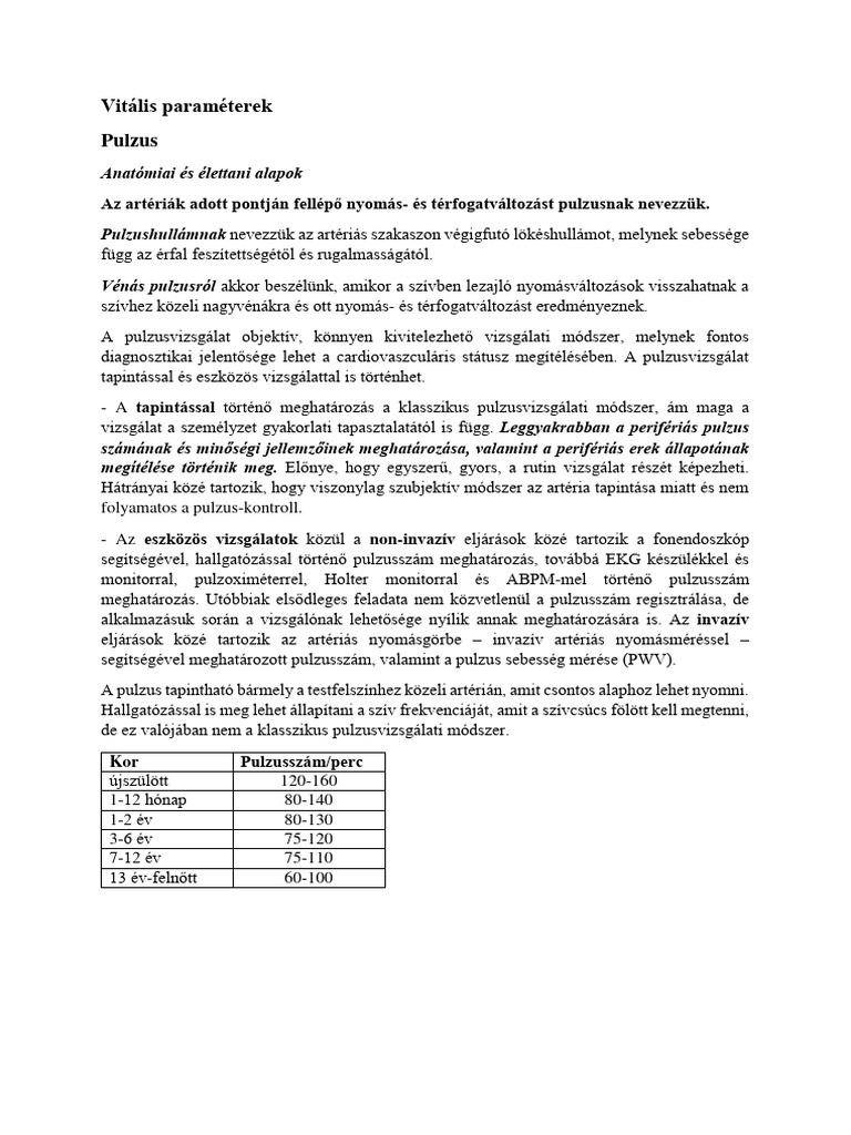Vitális Paraméterek Pulzus | PDF