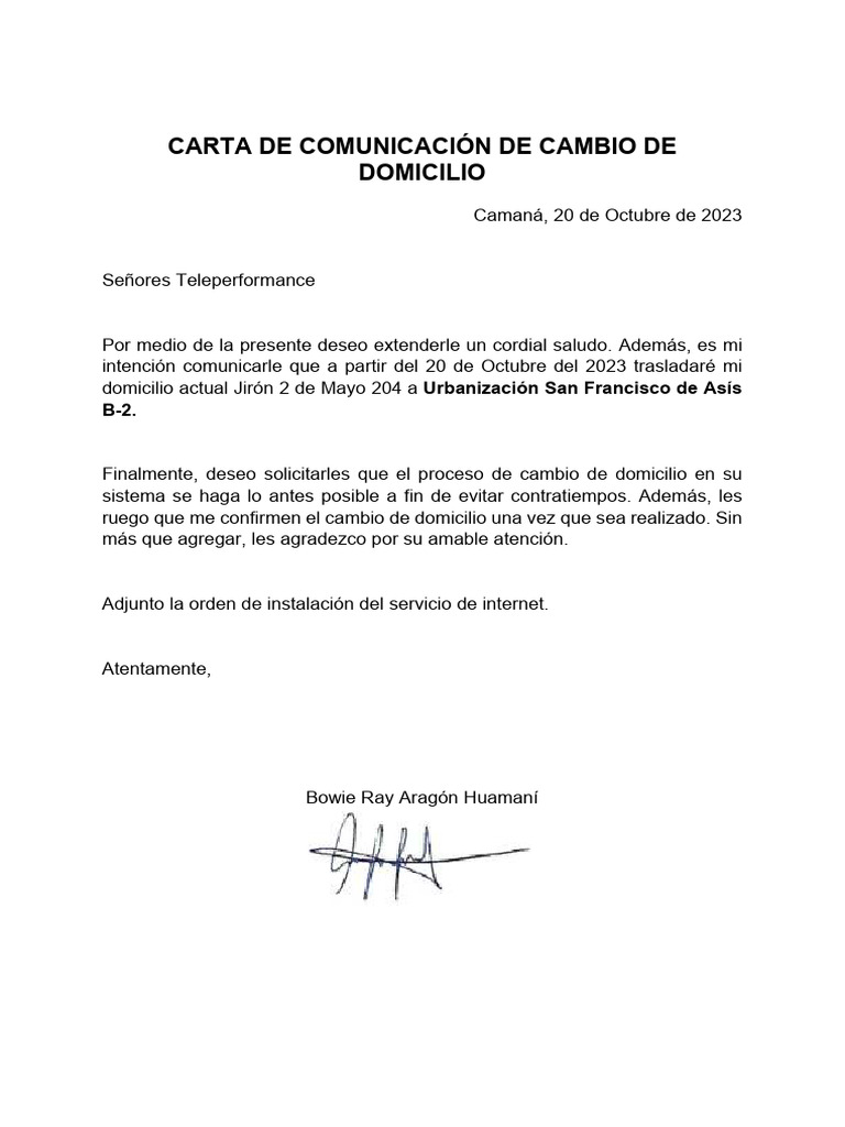 Carta de Comunicación de Cambio de Domicilio | PDF | Hogar y jardín