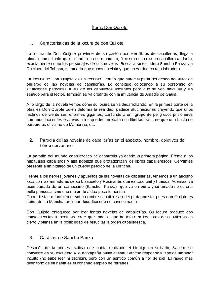 Literatura Castellana - Ítems Don Quijote pt1 | PDF | Don Quijote ...