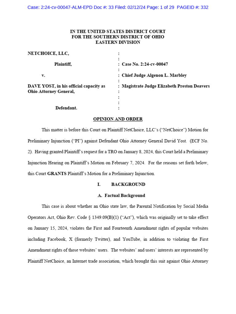 Preliminary Injunction Granted On Social Media Law | PDF | Standing (Law) | Intermediate Scrutiny