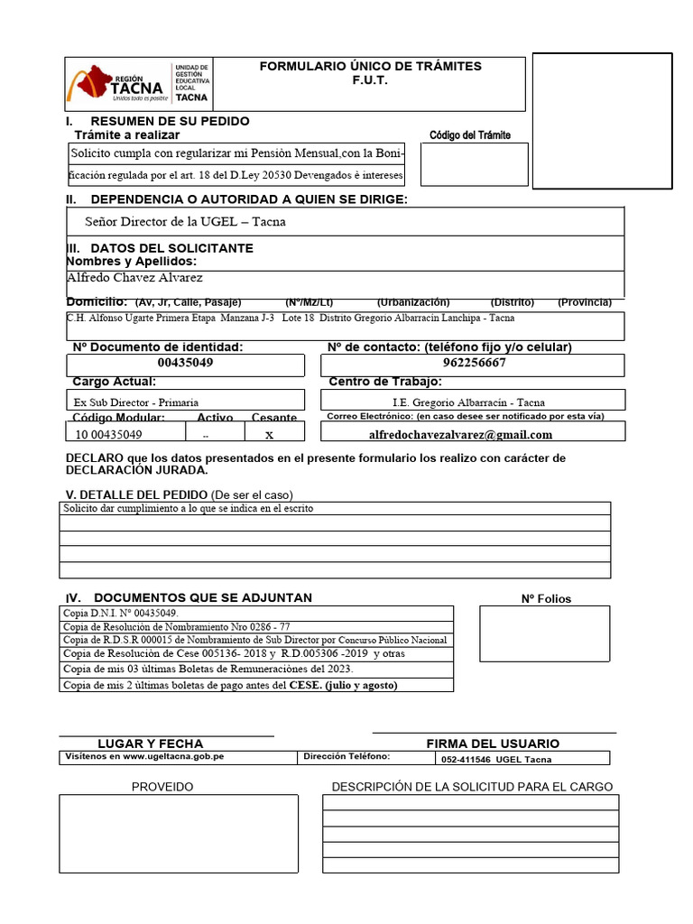 FUT SOLICITUD Segùn Art. 18 D.Ley 20530 | PDF