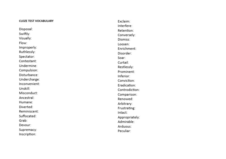 Cloze Test Vocabulary List | PDF