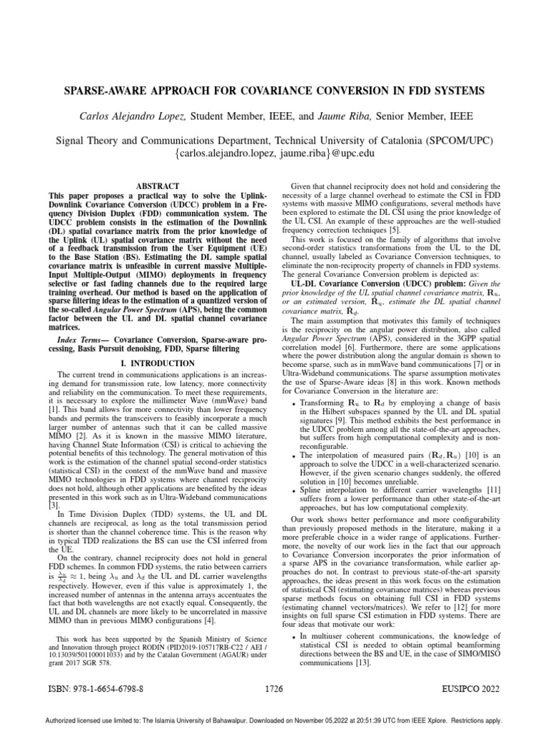 Sparse-Aware Approach For Covariance Conversion in FDD Systems | PDF