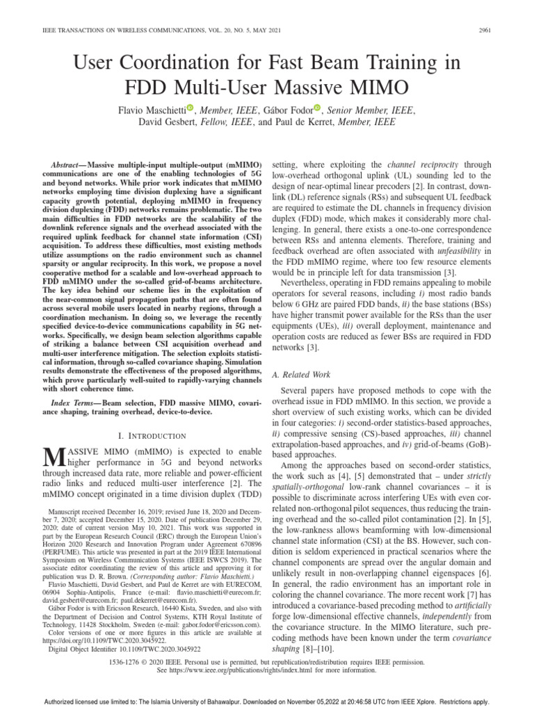 User Coordination For Fast Beam Training in FDD Multi-User Massive MIMO | PDF | Mimo | Duplex ...