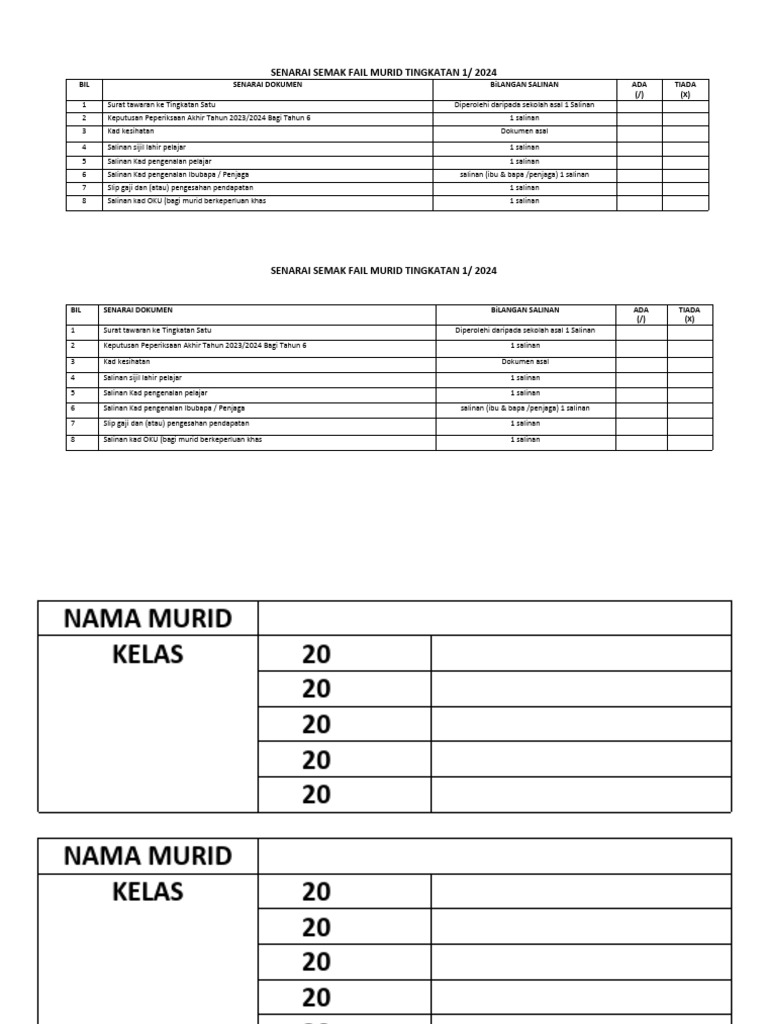 Senarai Semak Fail Murid Tingkatan 1 & Label File | PDF